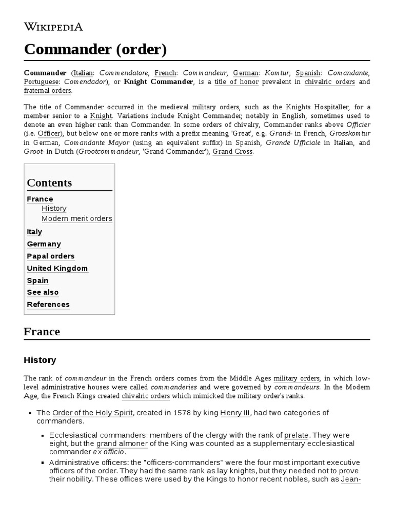 Commander (Order) : Commander (Italian: Commendatore, French ...