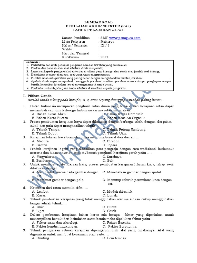 Soal PAS Prakarya Kelas 9 K13 | PDF