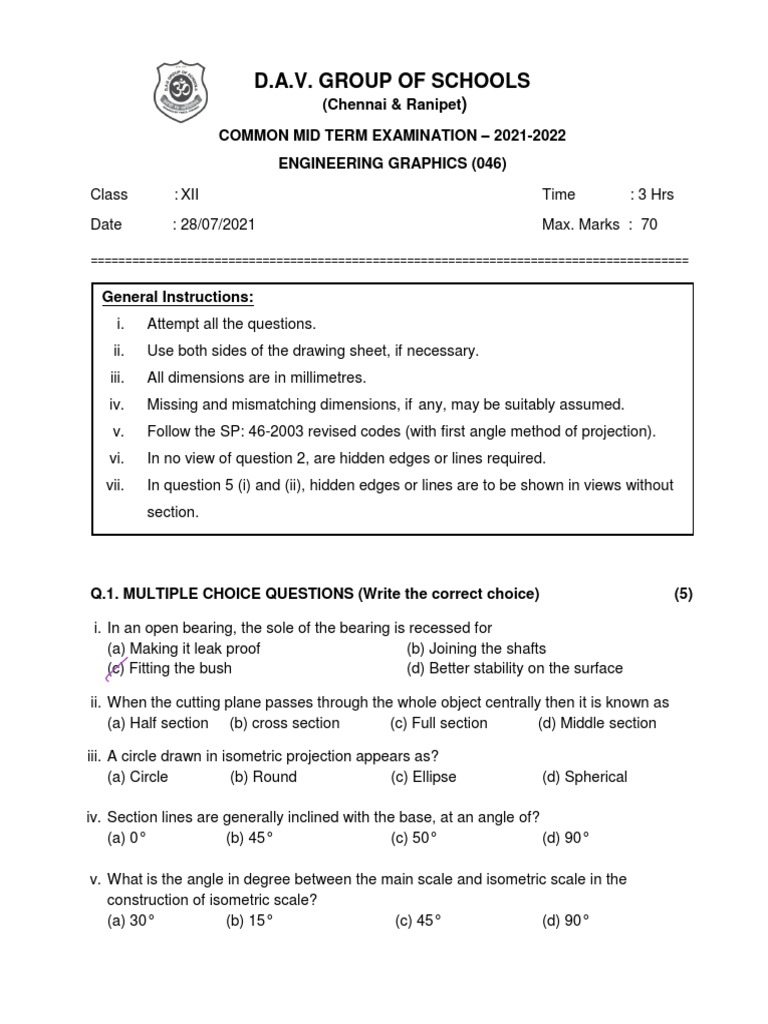 Class Xii - Engineering Graphics QP | PDF | Cartesian Coordinate System ...
