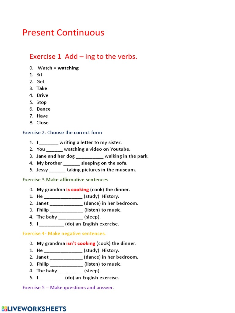 Present Continuous: Exercise 1 Add - Ing To The Verbs | PDF