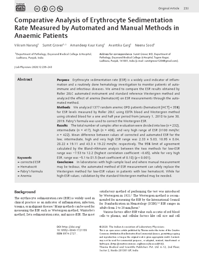 Comparative Analysis of Erythrocyte Sedimentation Rate Measured by ...