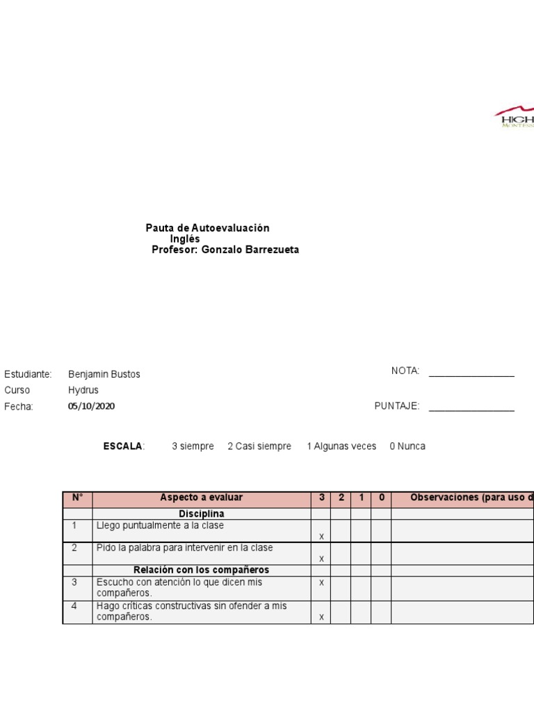 Pauta de Autoevaluación en Inglés | PDF