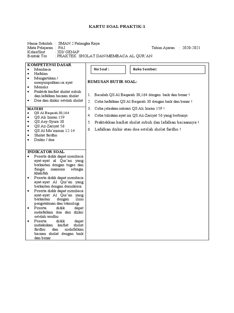 Kartu Soal Praktik Pai | PDF