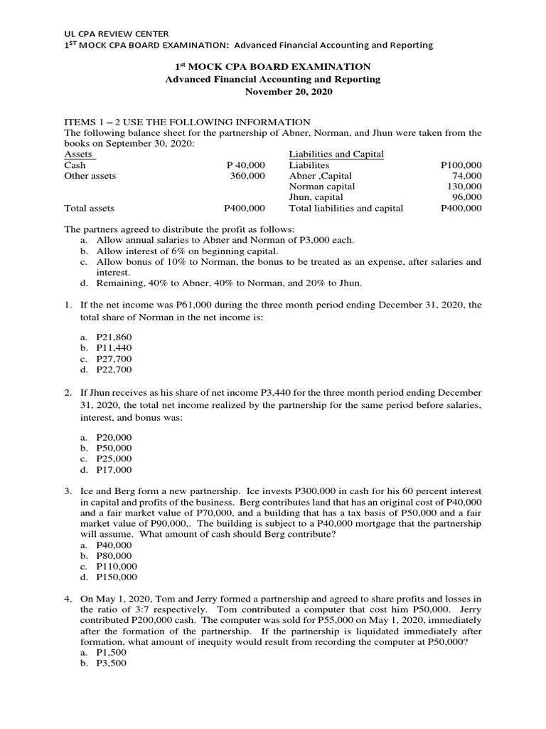 Afar First Mock Cpa Board Exam Nov 20 2020 FOR POSTING PDF | PDF ...