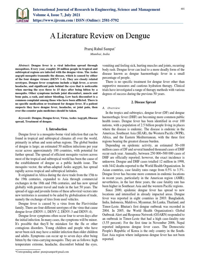 A Literature Review On Dengue | PDF | Mosquito | Infection