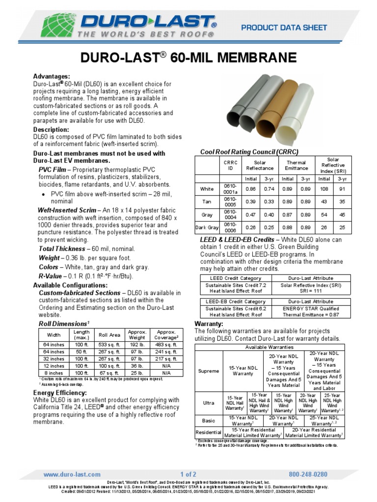 Duro-Last 60-Mil Membrane: Advantages | PDF | Roof | Polyvinyl Chloride