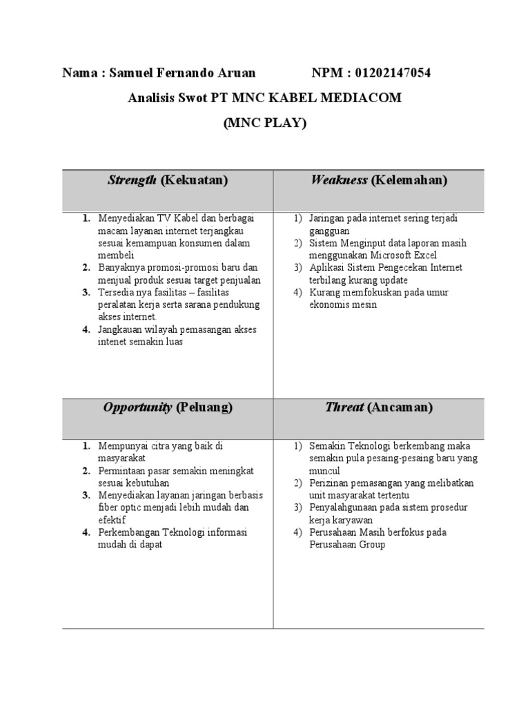 Analisis SWOT PT MNC Kabel Mediacom | PDF