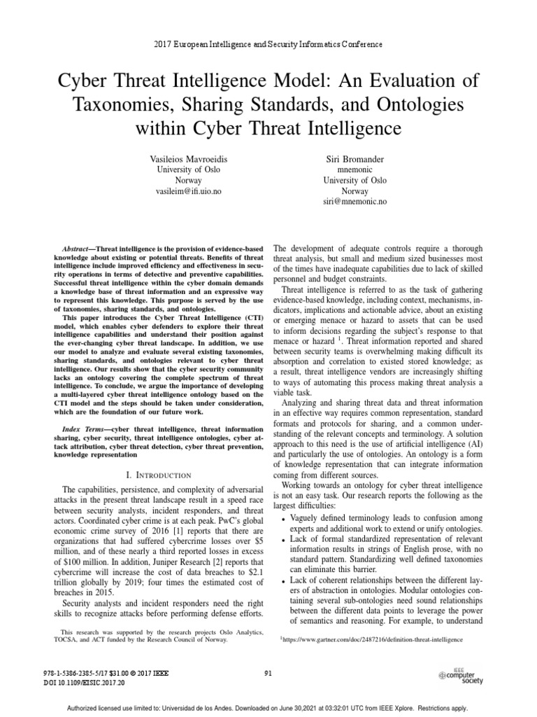 Cyber Threat Intelligence Model: An Evaluation of Taxonomies, Sharing ...
