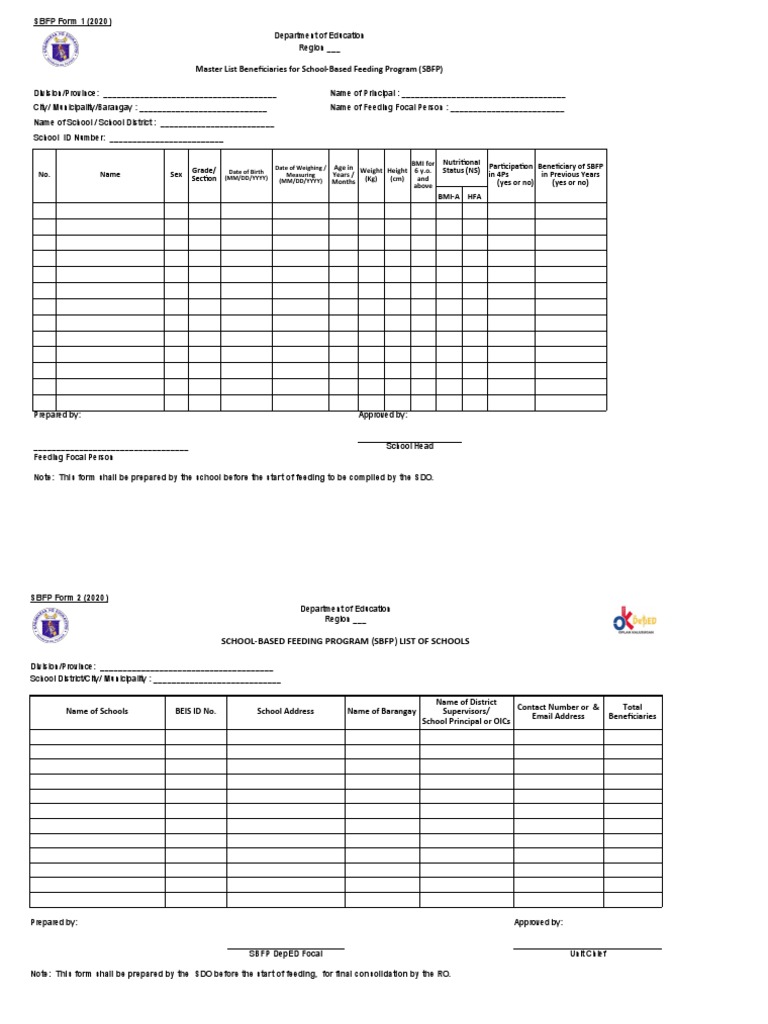 SBFP-Forms-1-7 2021-2022 | PDF | Food And Drink | Human Weight