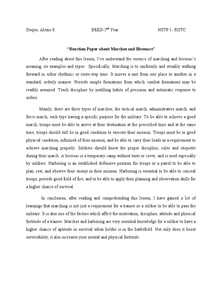 Marches and Bivouacs Reaction Paper | PDF