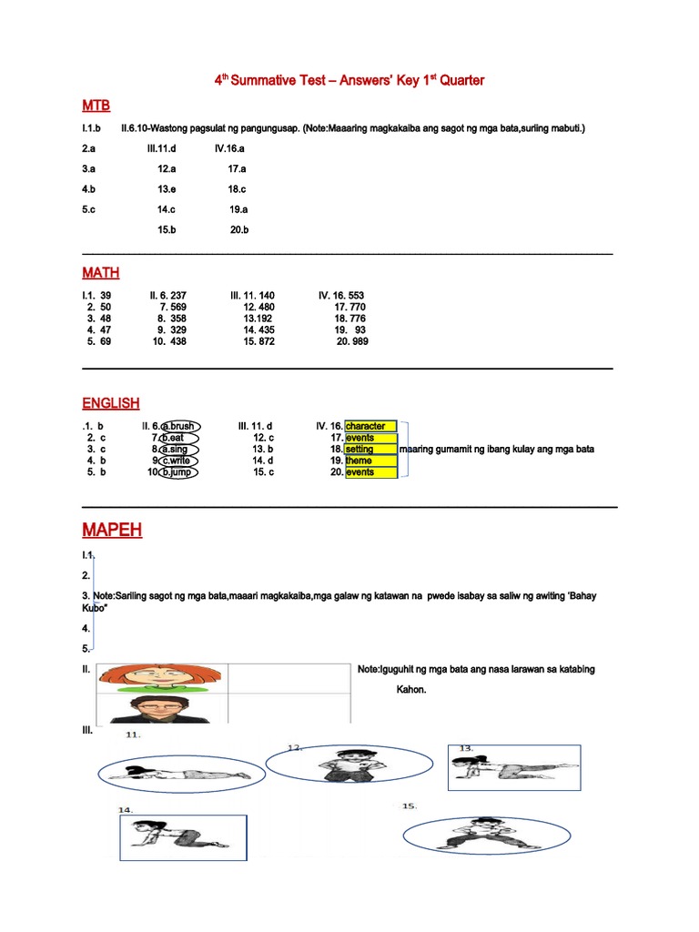 4th Summative Test-ALL SUBJECTS - ANSWERS' KEY 1ST QUARTER - Docx ...