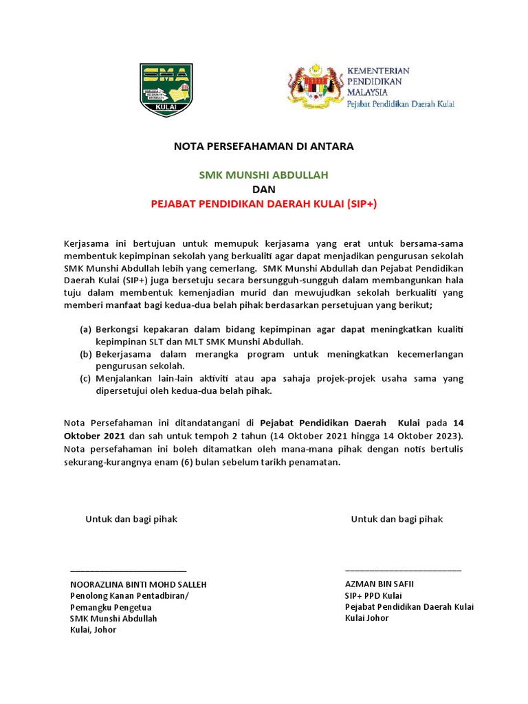 Contoh Nota Persefahaman Bersama PPD Kulai | PDF