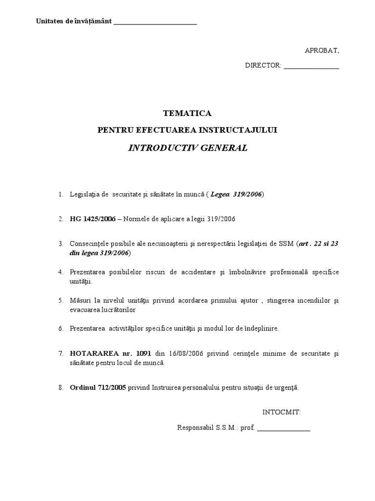 2 Tematica Pentru Efectuarea Instructajului Introductiv General | PDF