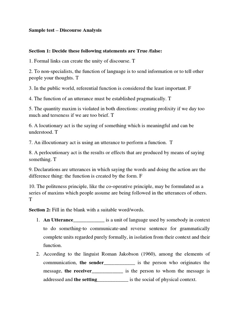 Sample Test Discourse | PDF | Human Communication | Communication