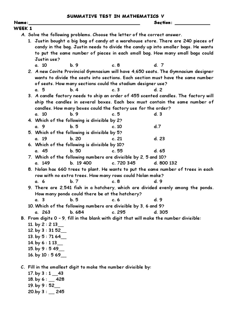 Math 5 Summative Test Quarter 1 Week1-Week8 | PDF | Numbers | Arithmetic