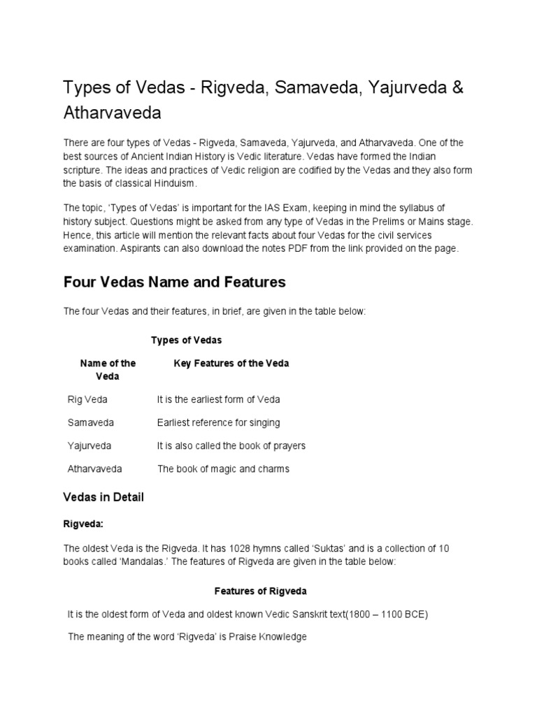 Types of Vedas - Rigveda, Samaveda, Yajurveda & Atharvaveda: Four Vedas Name and Features | PDF ...