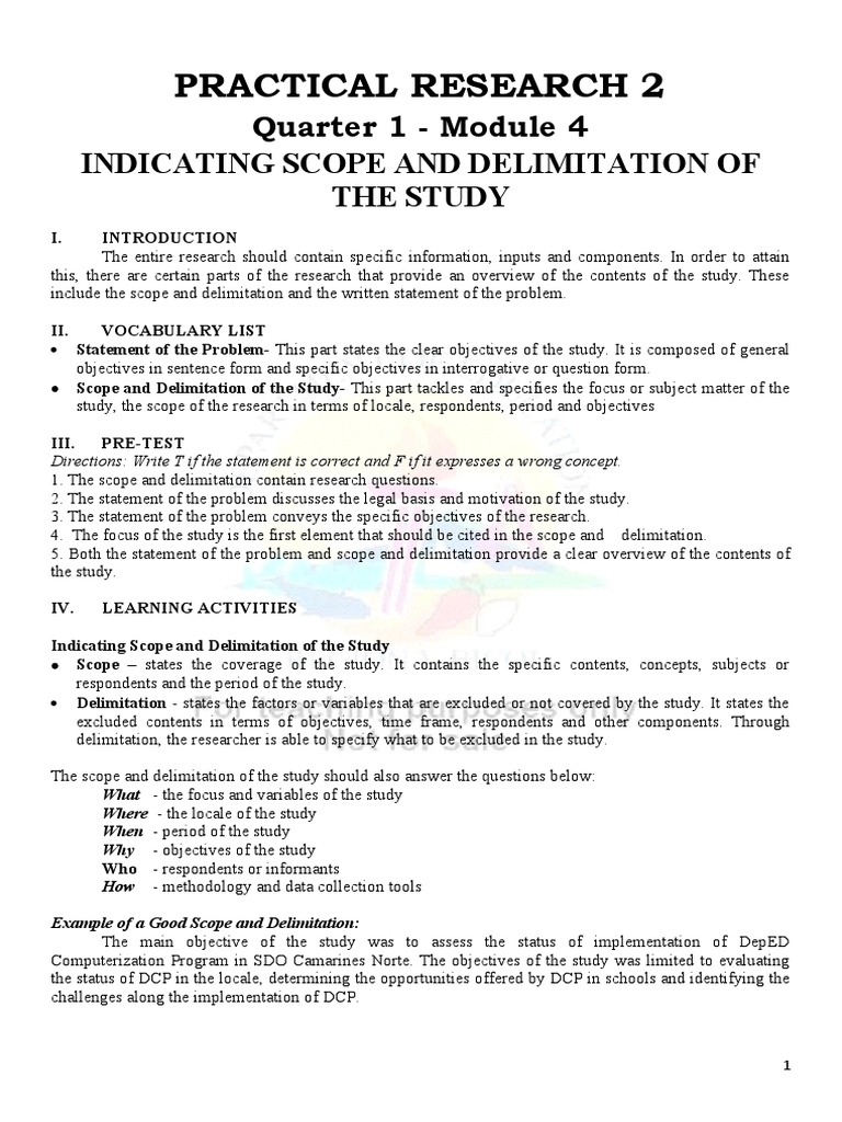 Practical Research 2: Quarter 1 - Module 4 Indicating Scope and Delimitation of The Study | PDF ...