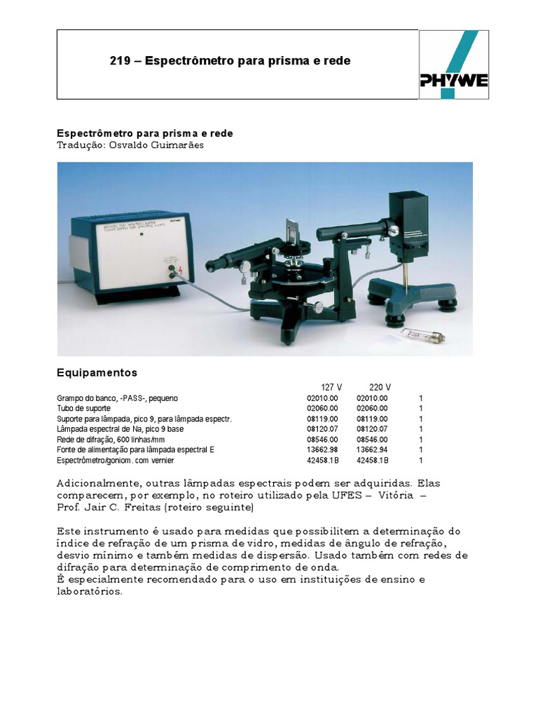 KIT Phywe Espectroscopia Prisma e Rede B | PDF | Telescópio | Parafuso
