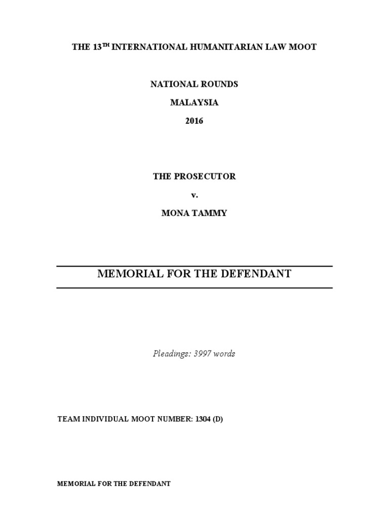 Memorial For The Defendant: THE 13 International Humanitarian Law Moot ...