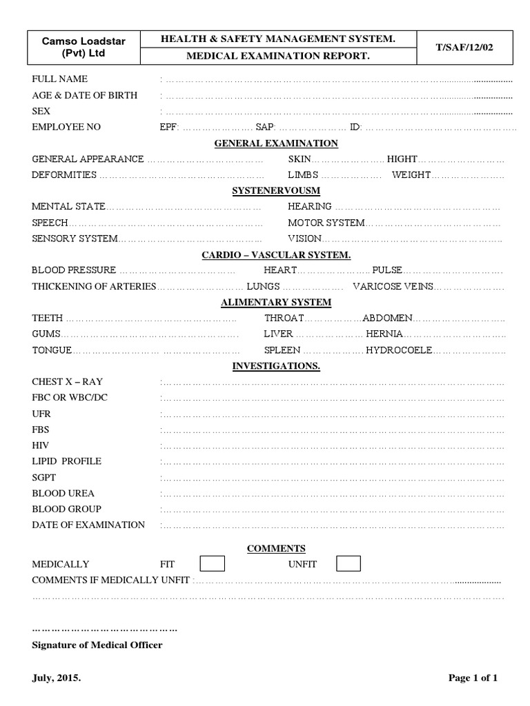 Medical Examination Report Template | PDF | Vein | Medicine
