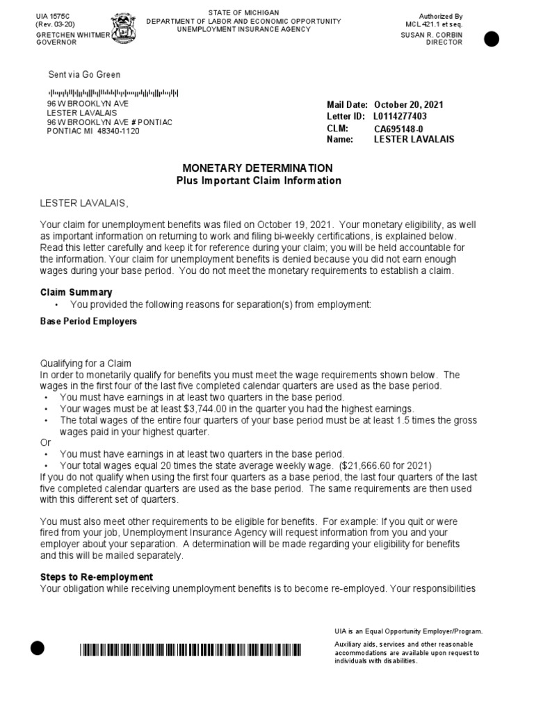 Monetary Determination Plus Important Claim Information | PDF ...