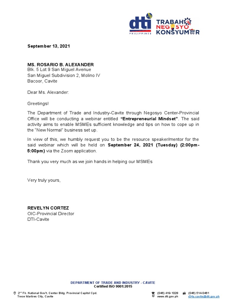 Sample Invitation Letter To Resource Speaker | PDF | Economies | Business