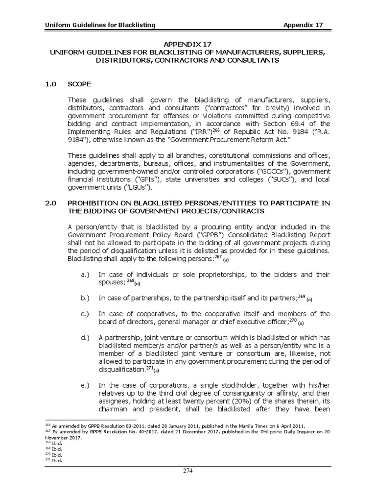 Appendix 17 of IRR of RA No. 9184 - Blacklisting Guidelines | PDF | Employment | Crime & Violence