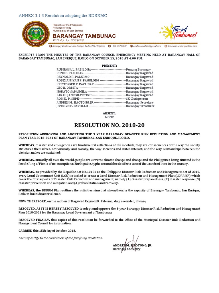 1.2 BDRRM Plan Resolution | Download Free PDF | Disaster Risk Reduction ...