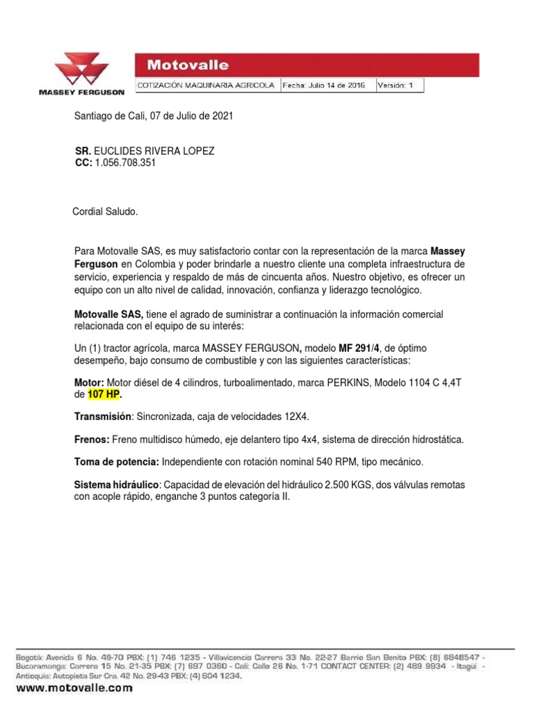 Cotizacion MF 291 Euclides Rivera | PDF | Transmisión (Mecánica ...