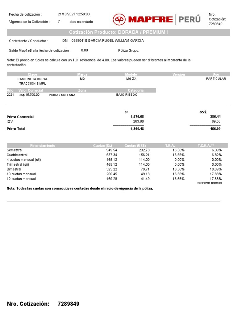 Cotizacion Mapfre MG ZX | PDF | Póliza de seguros | Seguro