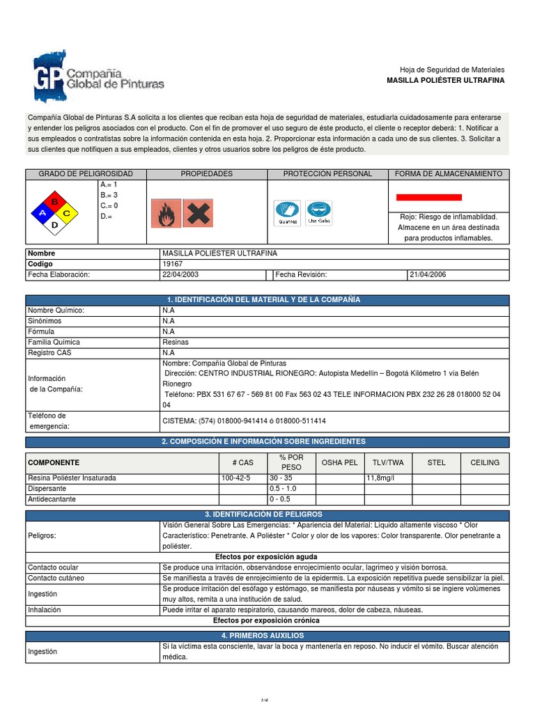 Masilla Poliester Ultrafina MSDS | PDF | Agua | Residuos