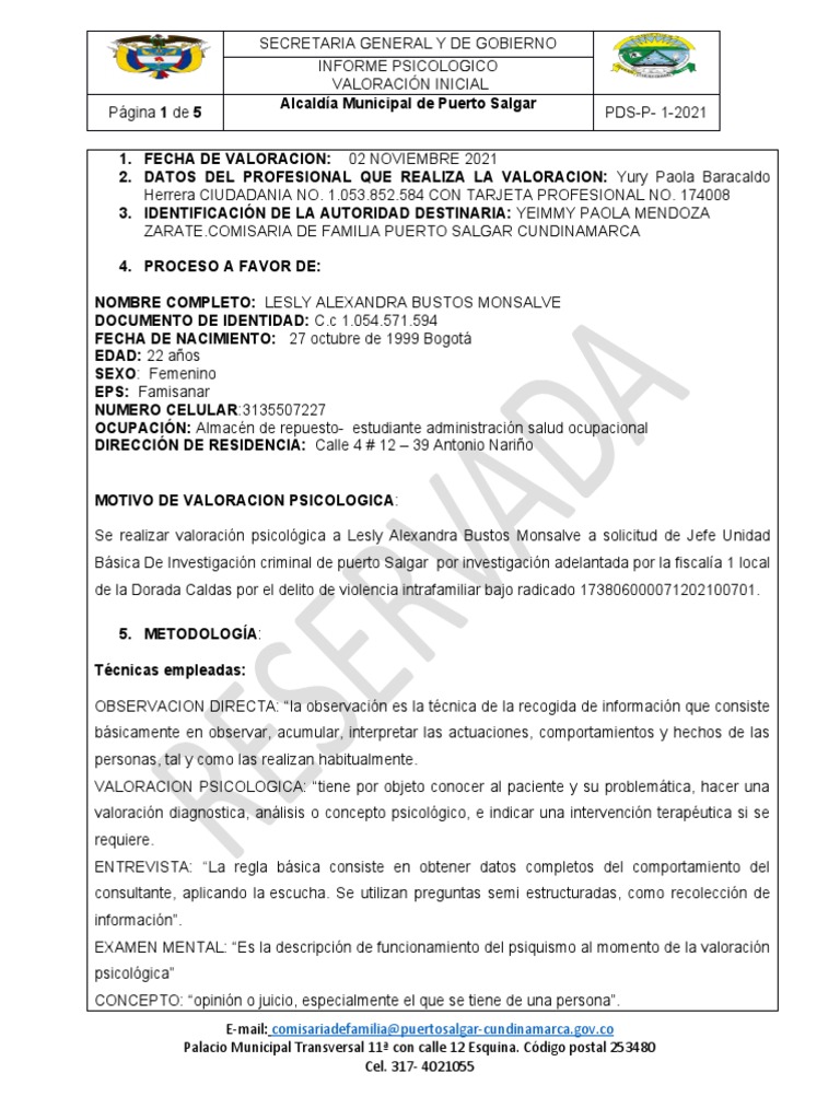 Valoracion Psicologica Lesly Alexandra Bustos Monsalve | PDF ...