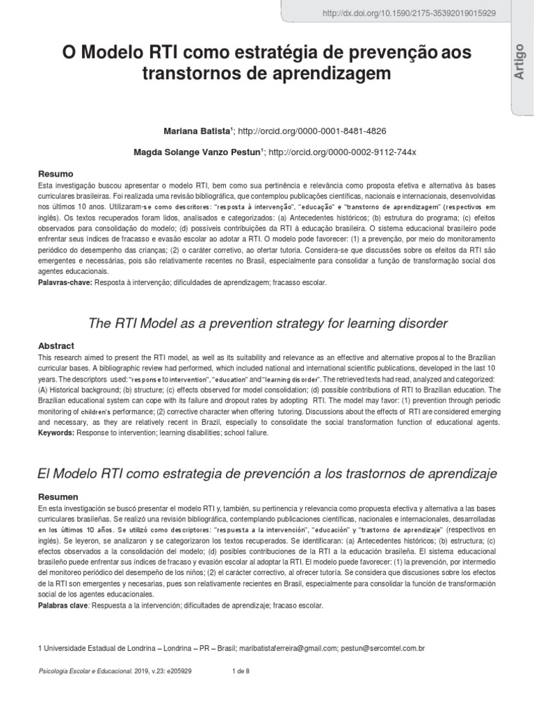 O Modelo RTI Como Estrategia de Prevencao Aos Tran | PDF | Psicologia ...