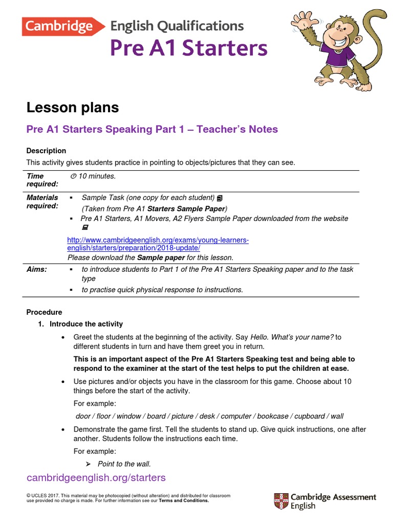 Pre A1 Starters 2018 Speaking Part 1 | PDF | Classroom | Lesson Plan