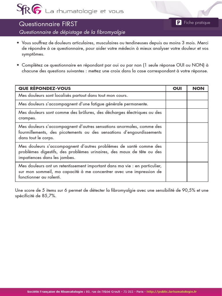 Fichepratique Fibromyalgie QuestionnaireFirst | PDF | Développement personnel | Bien-être