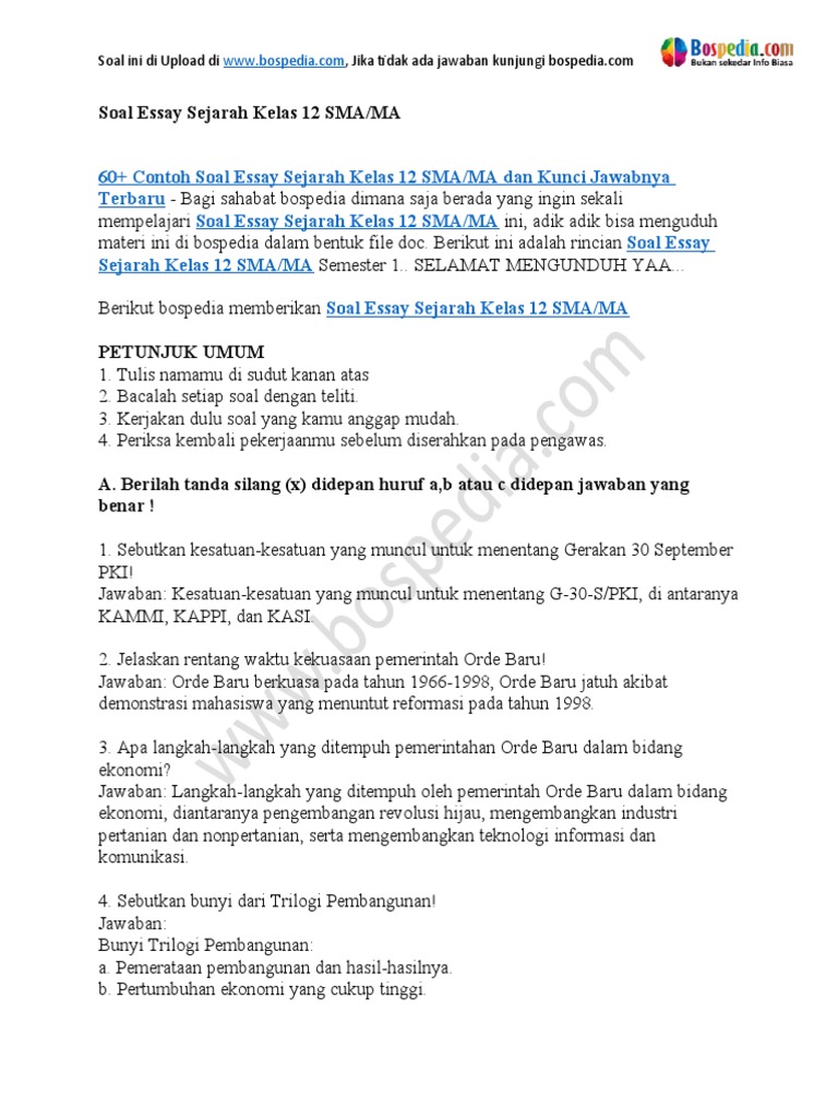 60+ Contoh Soal Essay Sejarah Kelas 12 SMA MA Dan Kunci Jawabnya | PDF 60+ Contoh Soal Essay Sejarah Kelas 12 SMA MA Dan Kunci Jawabnya | PDF