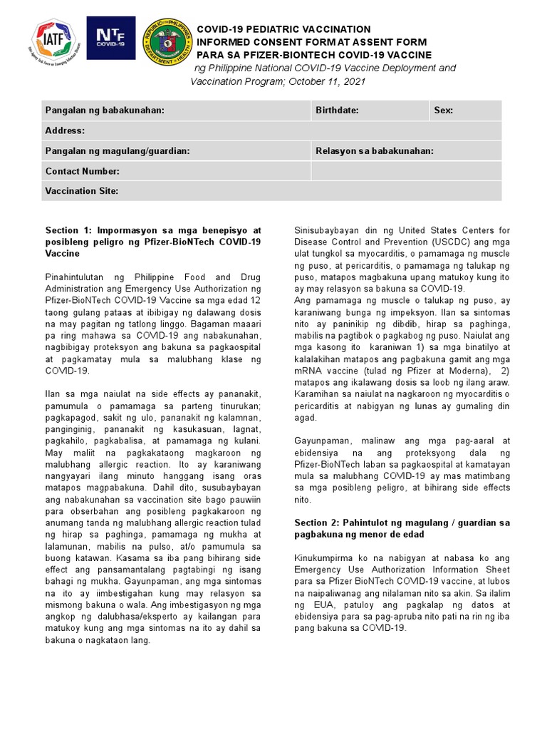 Informed Consent Form Pfizer Filipino | PDF