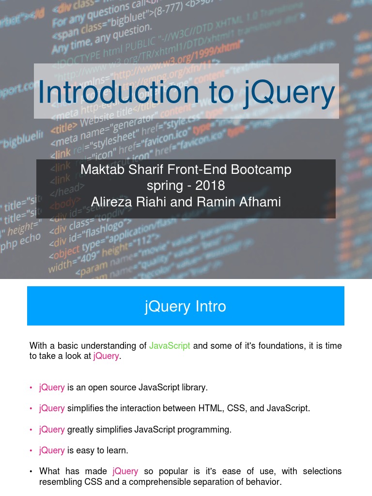 Introduction To Jquery: Maktab Sharif Front-End Bootcamp Spring - 2018 ... Introduction To Jquery: Maktab Sharif Front-End Bootcamp Spring - 2018 ...