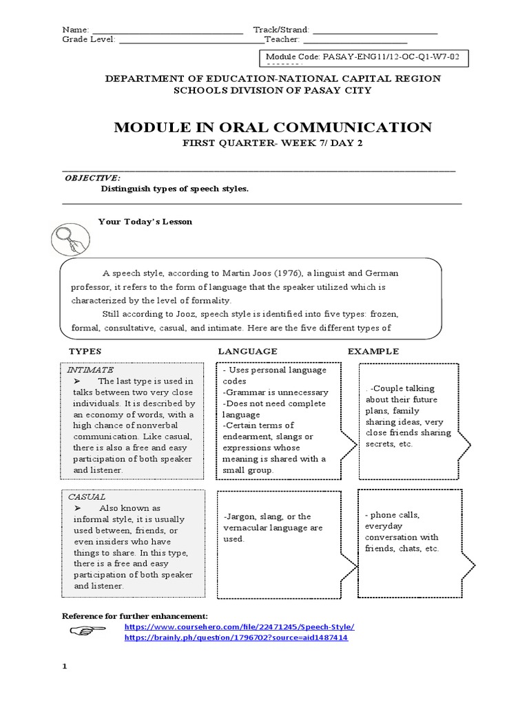 Module in Oral Communication: Department of Education-National Capital ...