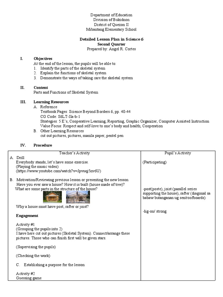 Detailed Lesson Plan in Science 6: Second Quarter | PDF | Skeleton ...