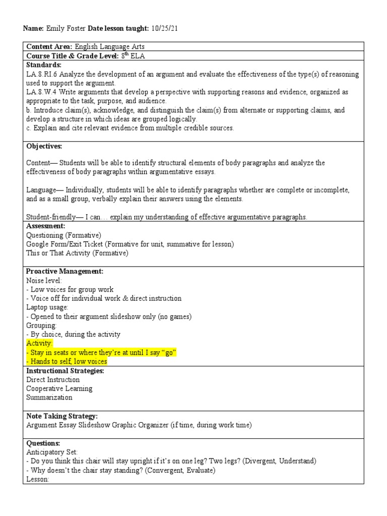 Body Paragraph Lesson Plan | PDF | Essays | Human Communication