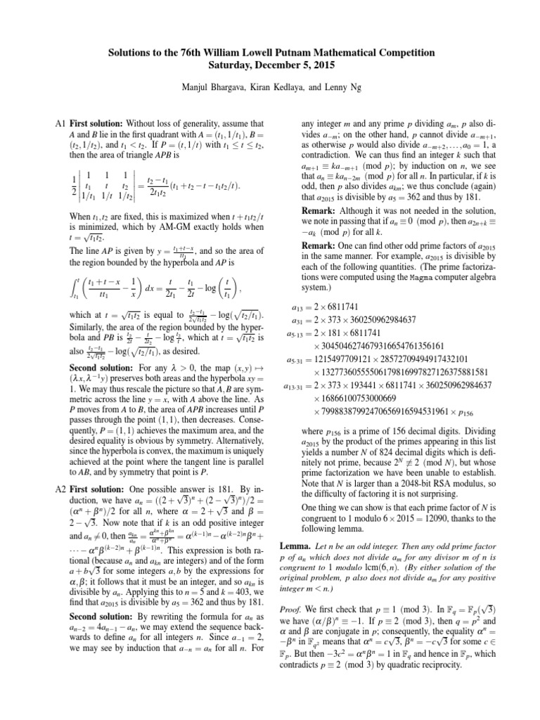 Solutions To The 76th William Lowell Putnam Mathematical Competition ...