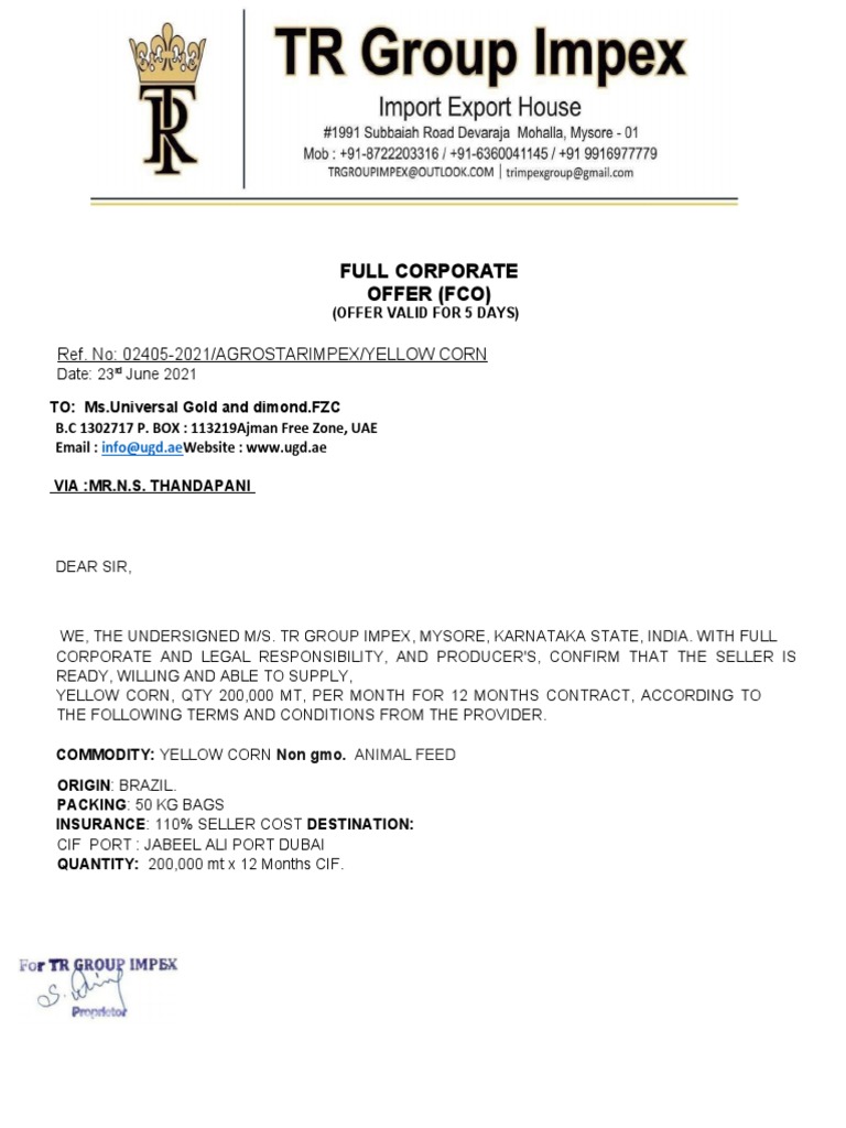 Yellow Corn FCO Offer | PDF | Letter Of Credit | Trade