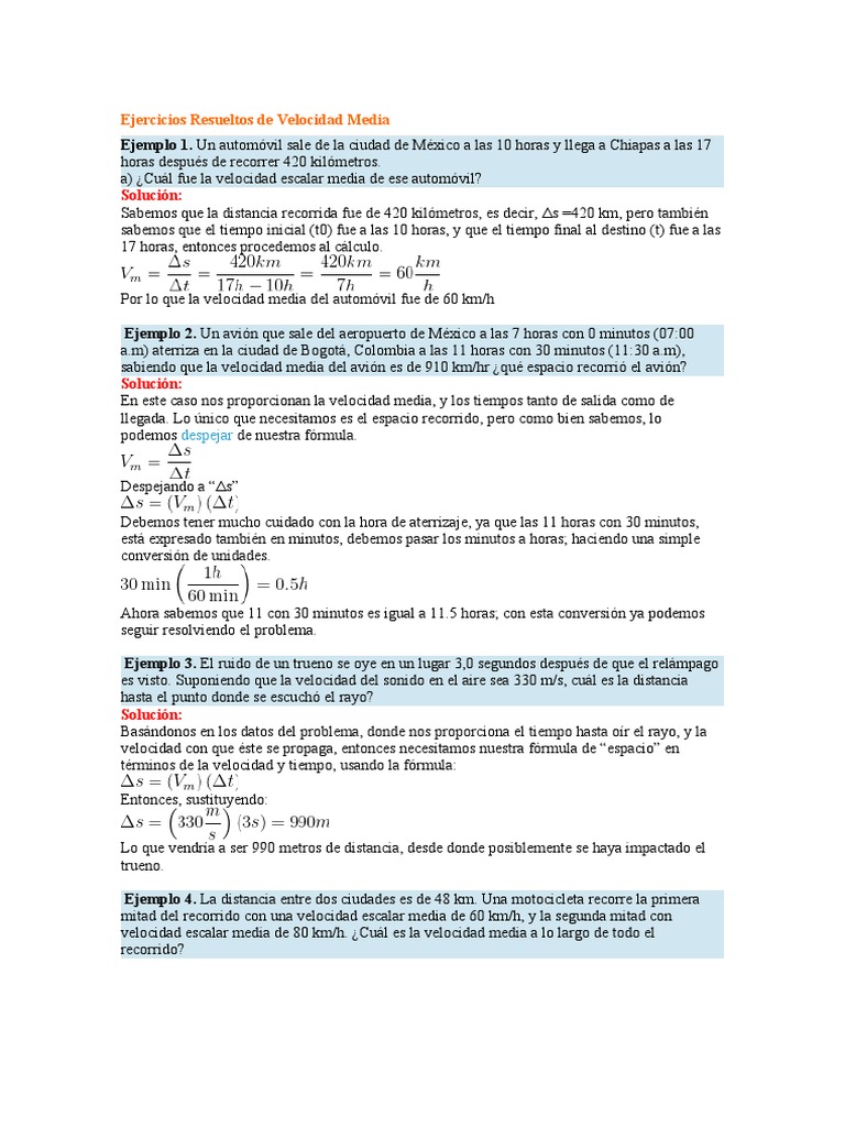 Ejercicios Resueltos de Velocidad Media | PDF | Velocidad | Ecuaciones