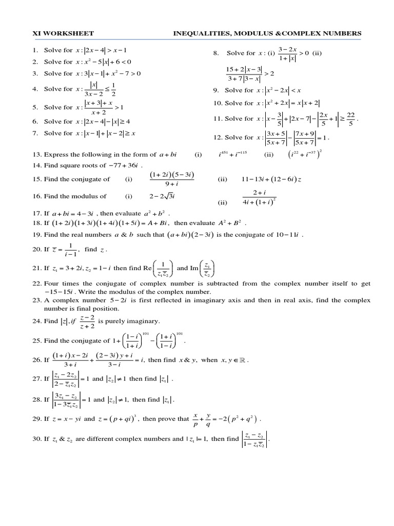 X X X X X X X X: Xi Worksheet Inequalities, Modulus &complex Numbers | PDF | Complex Number ...