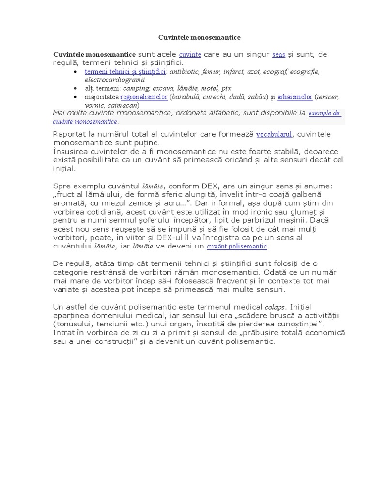 Cuvinte Monosemantice Si Polisemantice | PDF