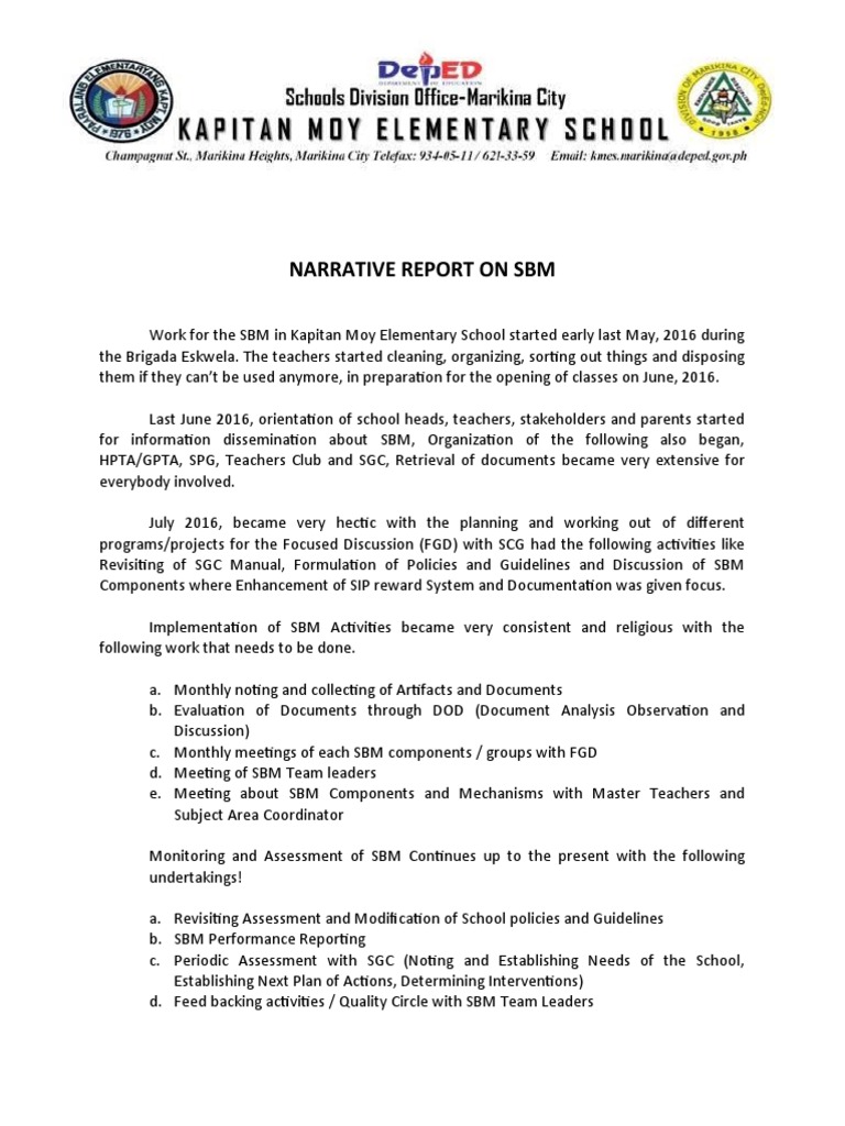 Narrative Report On SBM | PDF | Cognition | Evaluation