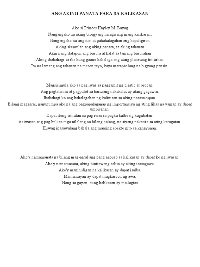 Ang Aking Panata para Sa Kalikasan | PDF