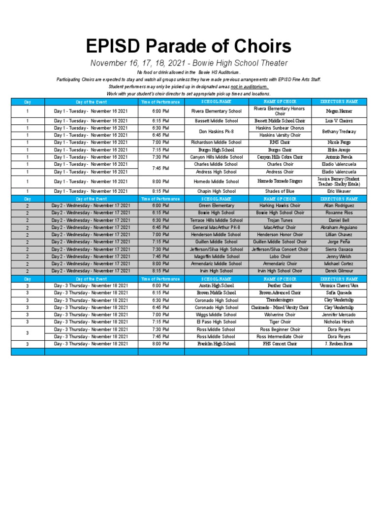 Parade of Choirs Workbook - Schedule | PDF | Vocal Music | Choral Music