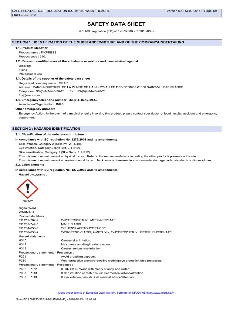 Fixpress 310 Safety Data Sheet | PDF | Dangerous Goods | Personal ...